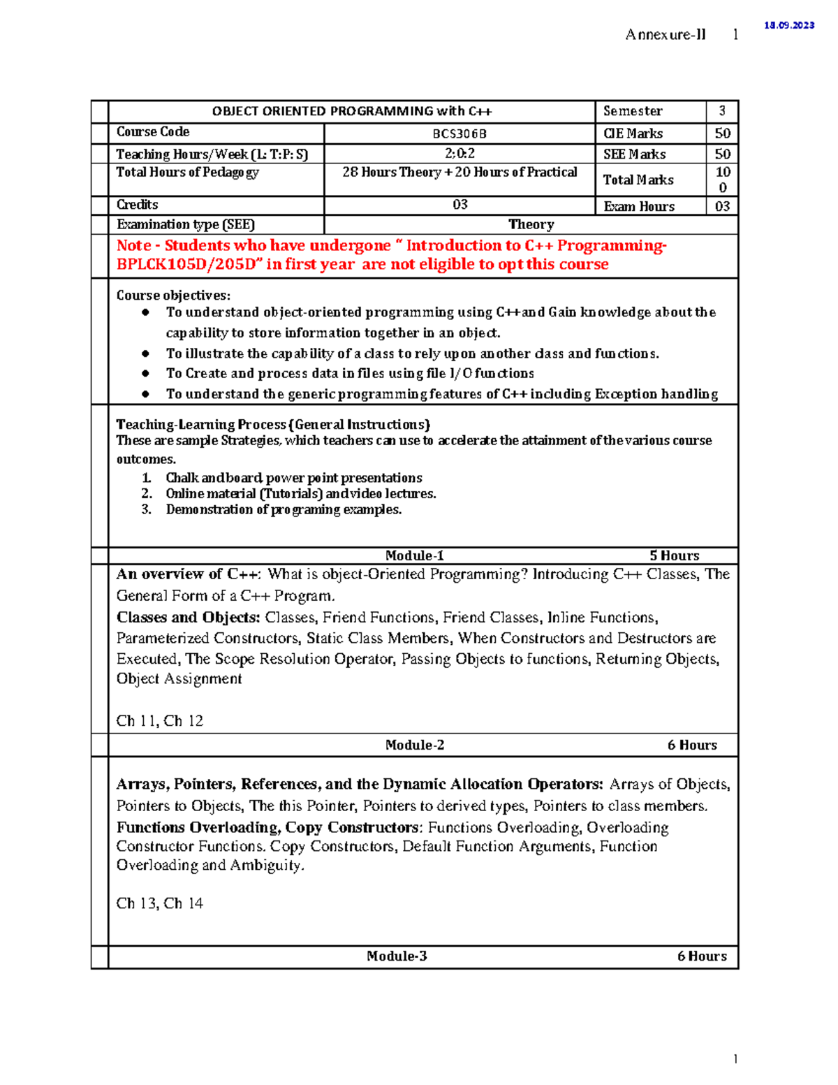 OOPS with C++ Syllabus - BCS306B Final Exam Details - Studocu