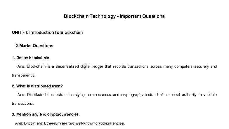 Blockchain Technology Important Questions UNIT I: JNTU QA - Studocu