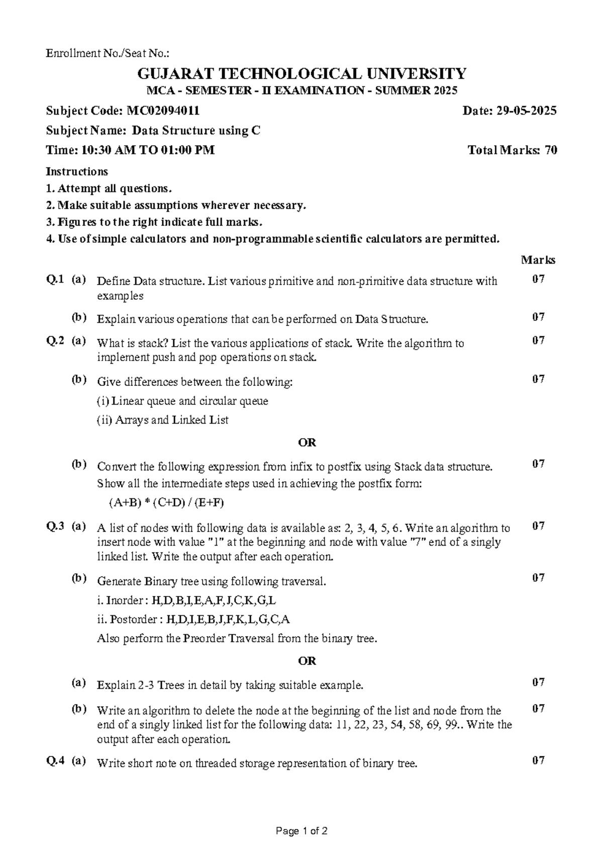 Data Structures Using C - MCA Sem II Exam Notes [MC02094011] - Studocu