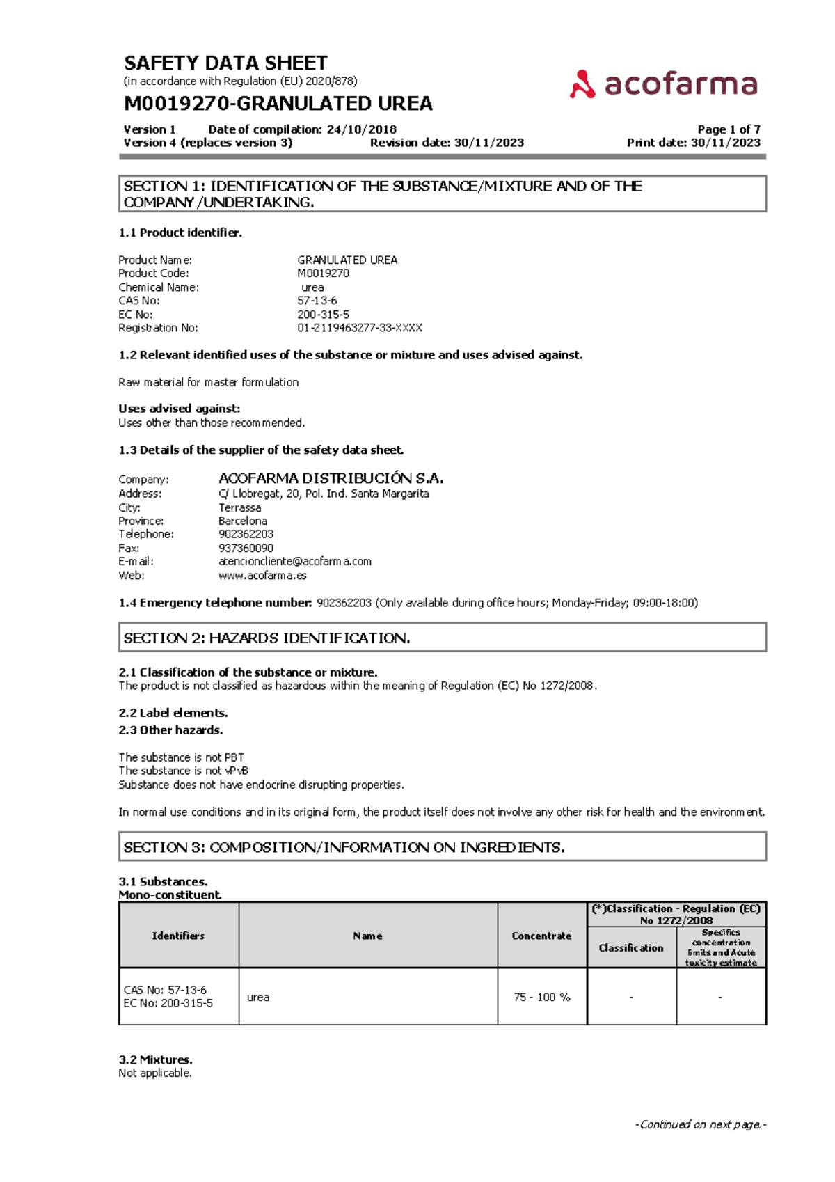 Granulated UREA Safety Data Sheet (EU Regulation) - Version 4 - Studocu