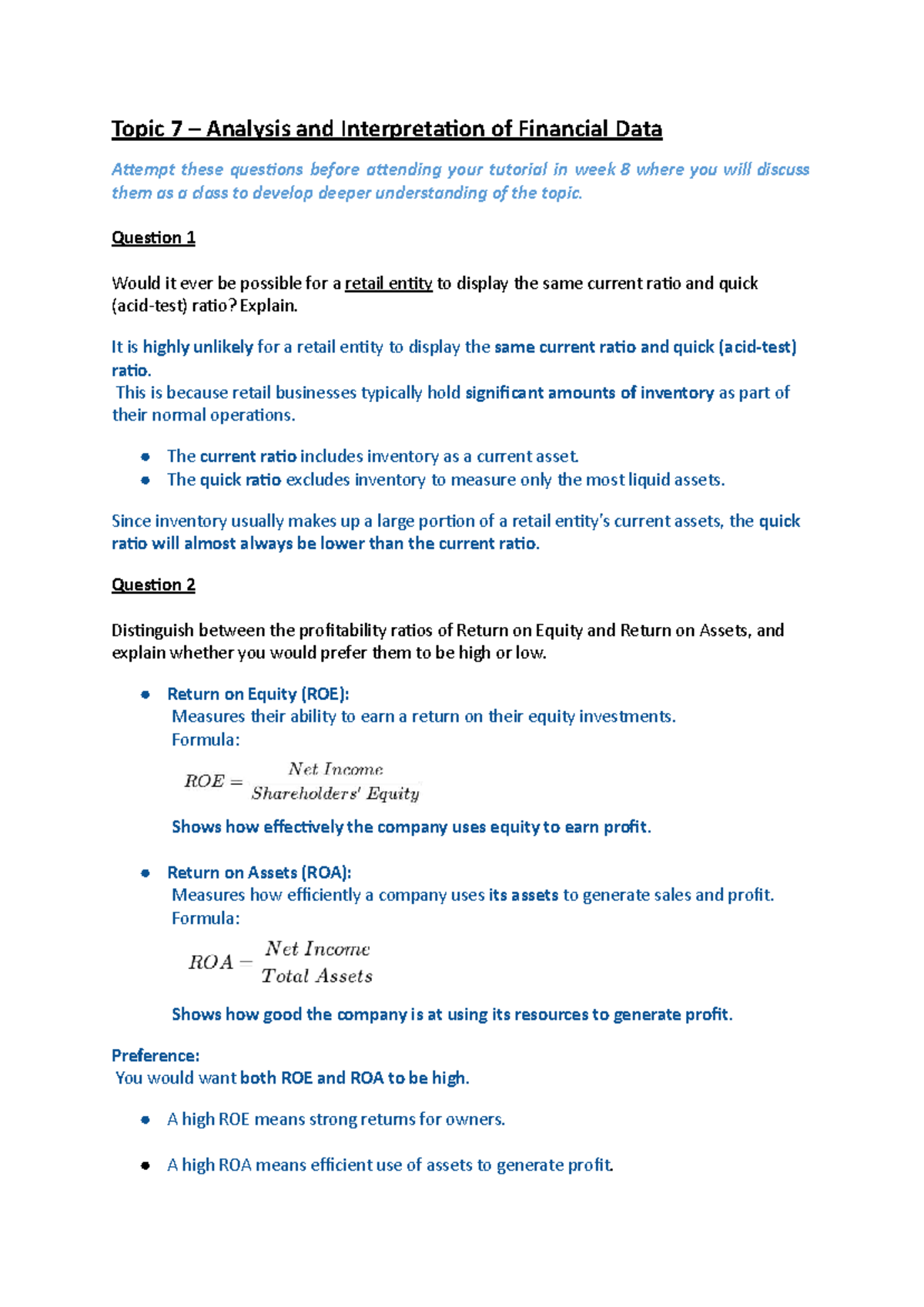 Analysis and Interpretation of Financial Ratios - Topic 7 Tutorial ...