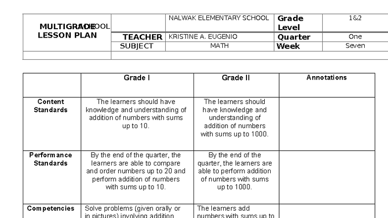 MG COT 1 Lesson Plan: Multigrade Math Addition Activities - Studocu