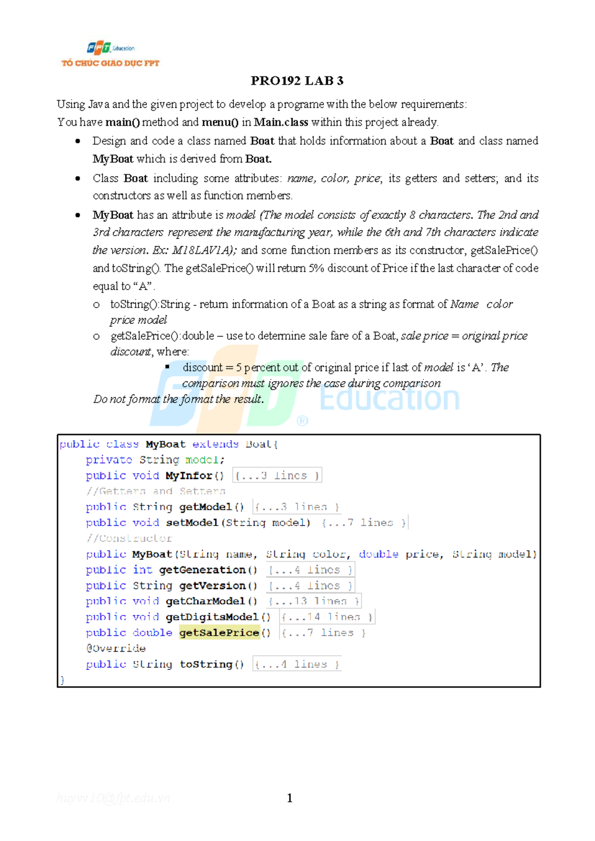PRO192 LAB 3: Java Boat Class Development Project - Studocu