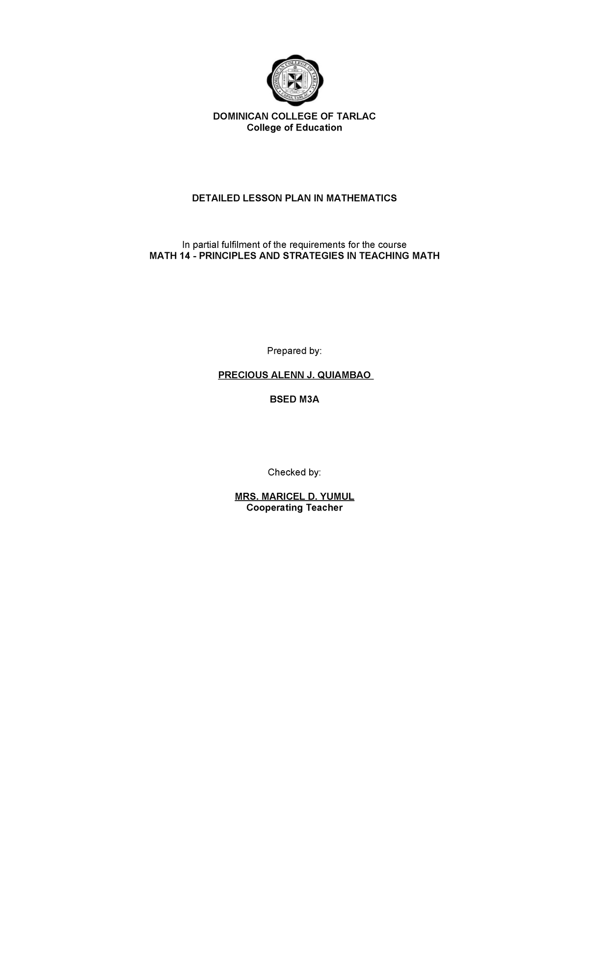MATH 14 - Detailed Lesson Plan on Conditions for Parallelograms - Studocu