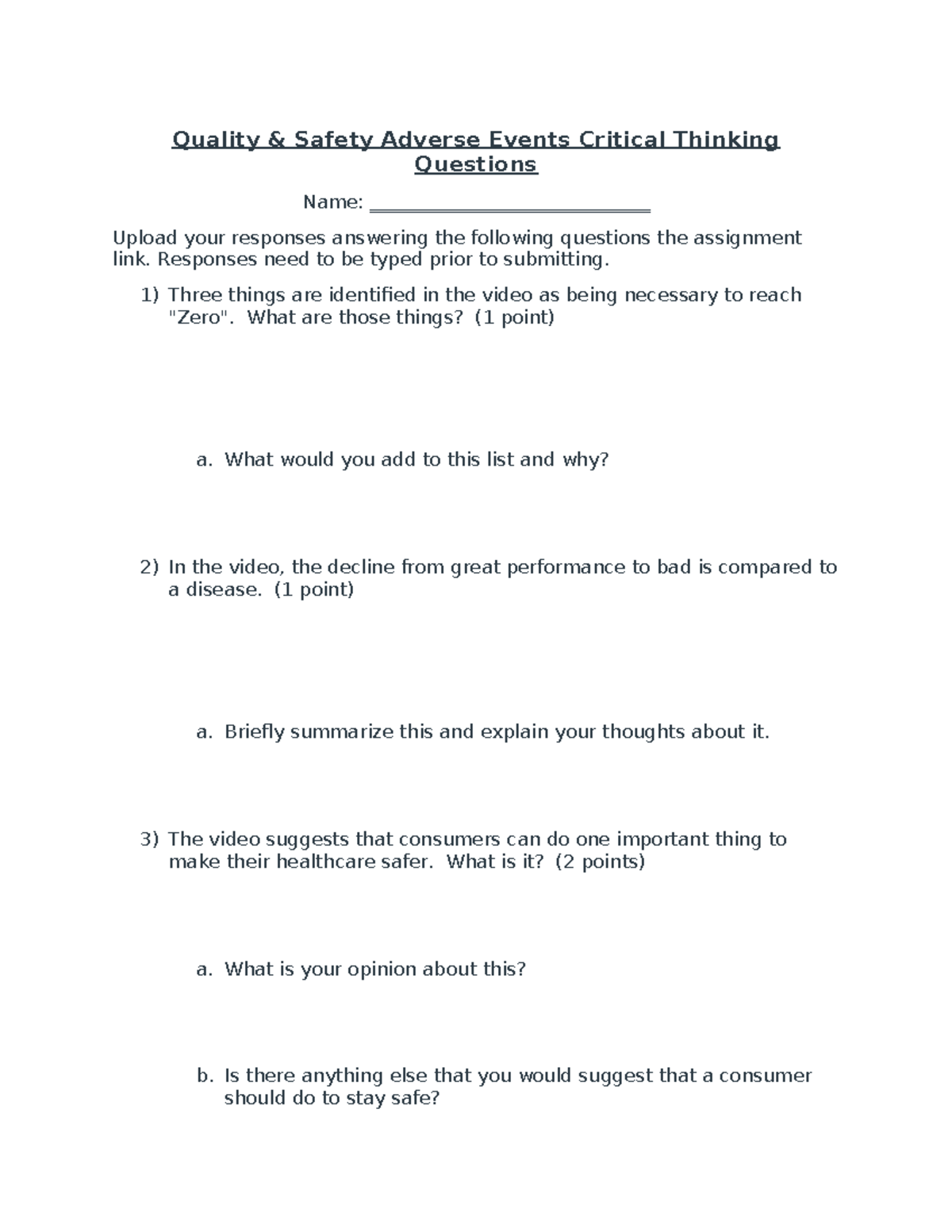 Quality & Safety: Adverse Events Critical Thinking Qs for Students ...