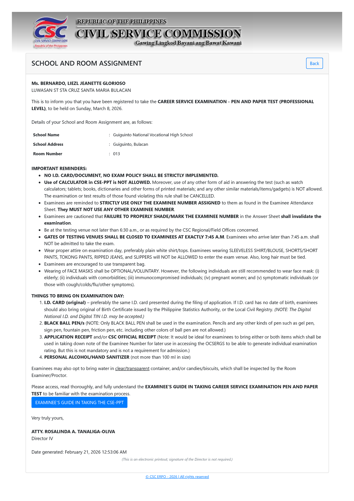 CAREER SERVICE EXAM SCHOOL & ROOM ASSIGNMENT - CSC ERPO 2026 - Studocu