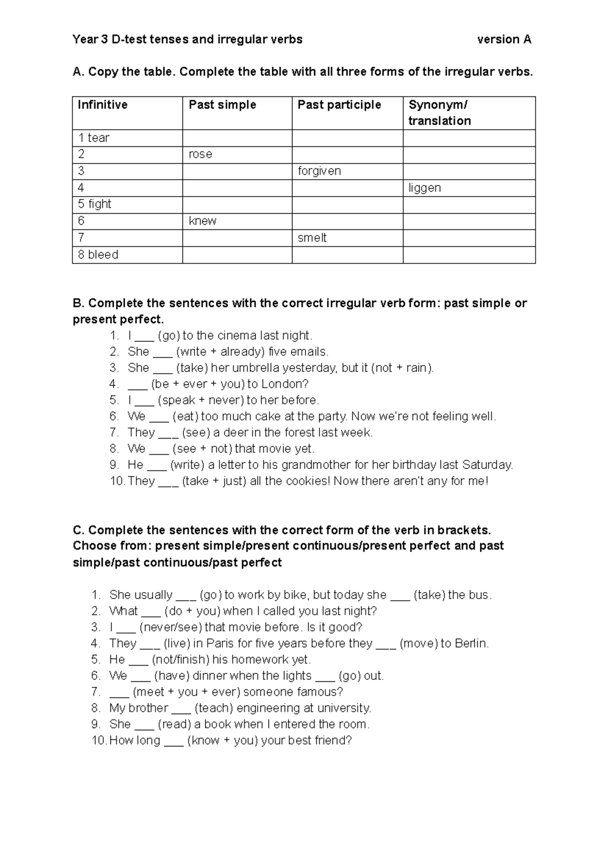 Year 3 Self-Check: Irregular Verbs & Tenses Exercises - Studeersnel