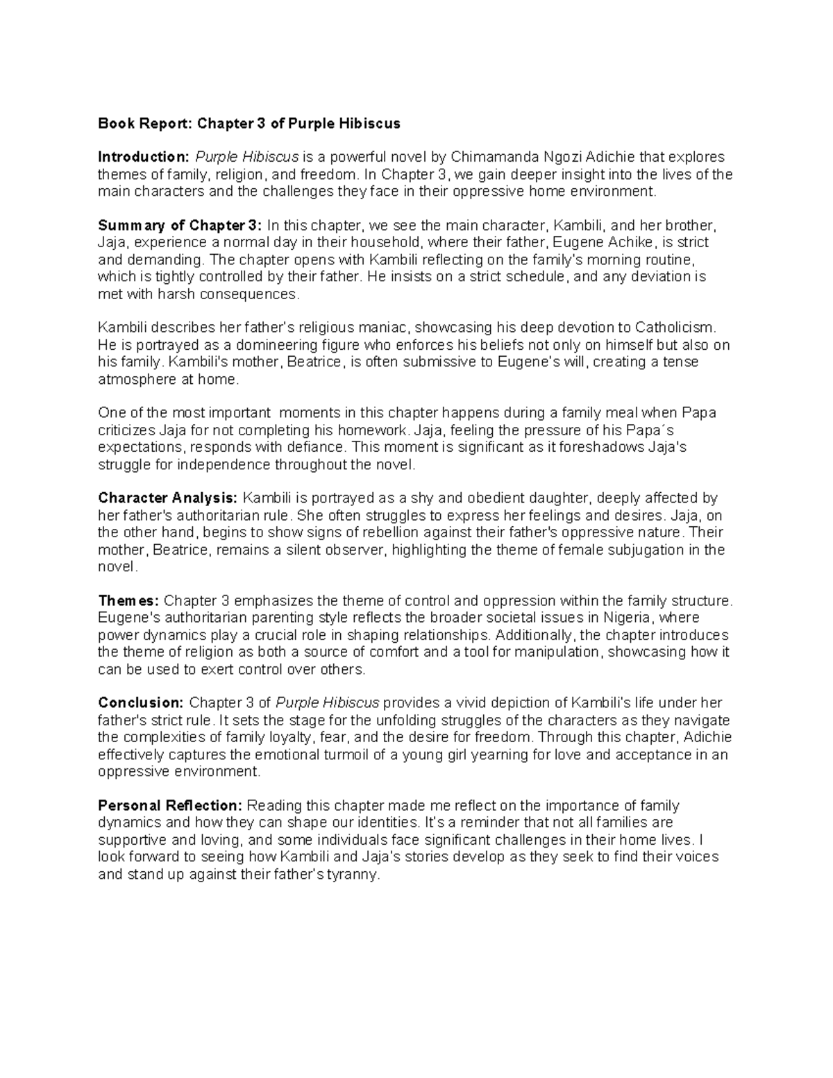 Book Report: Insights from Chapter 3 of Purple Hibiscus - Studocu