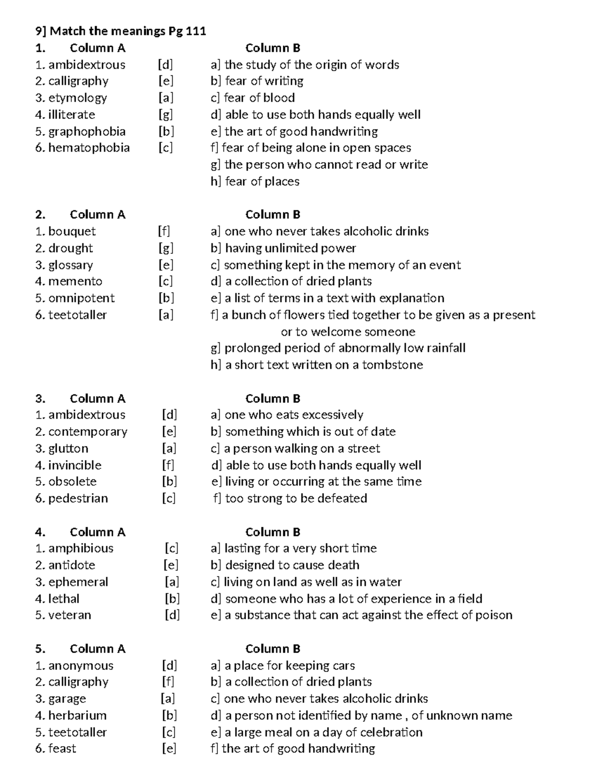 Match the Meanings: Vocabulary Definitions Pg 111 - Studocu