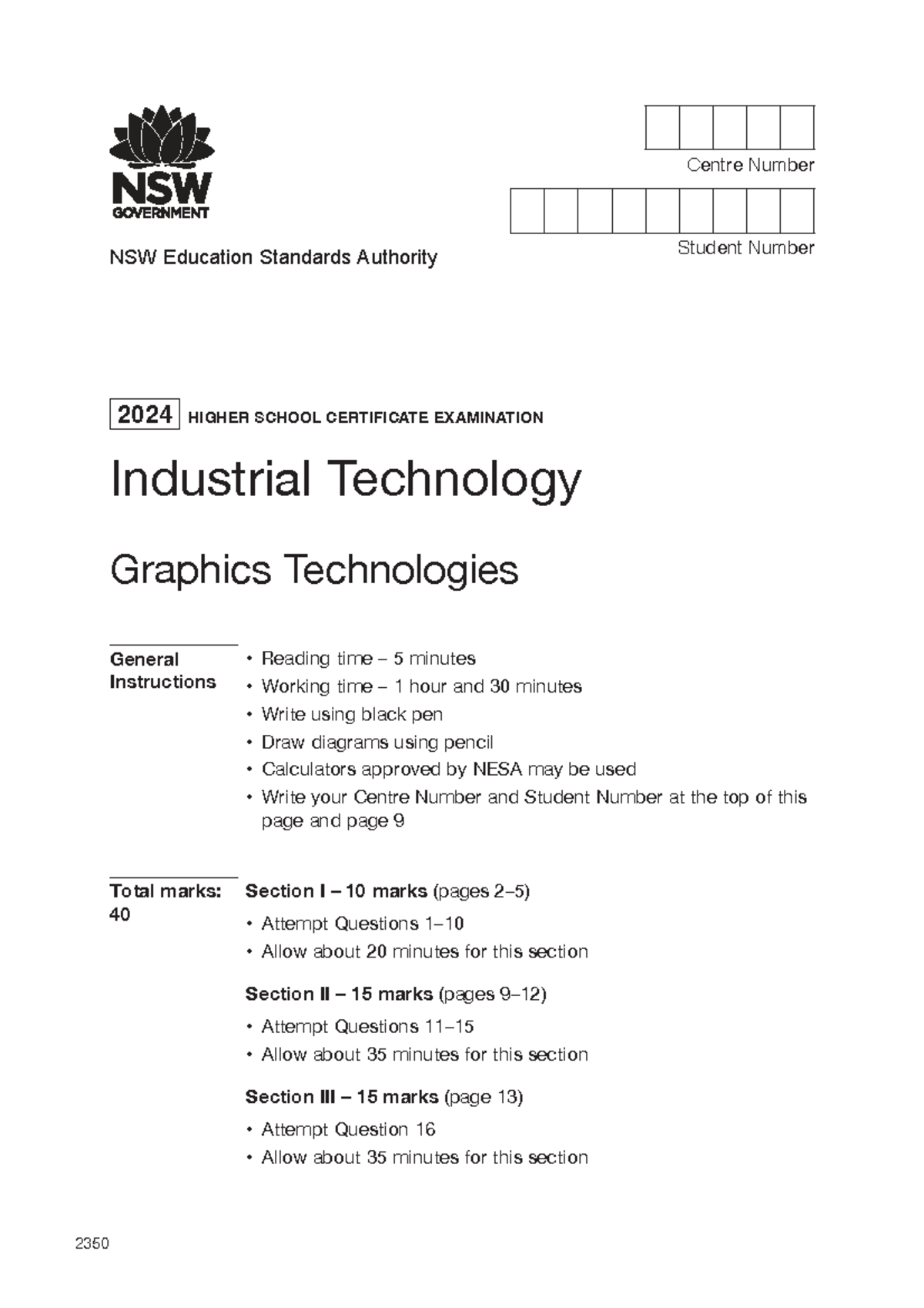 2024 HSC Industrial Technology Graphics Exam Instructions and Questions ...