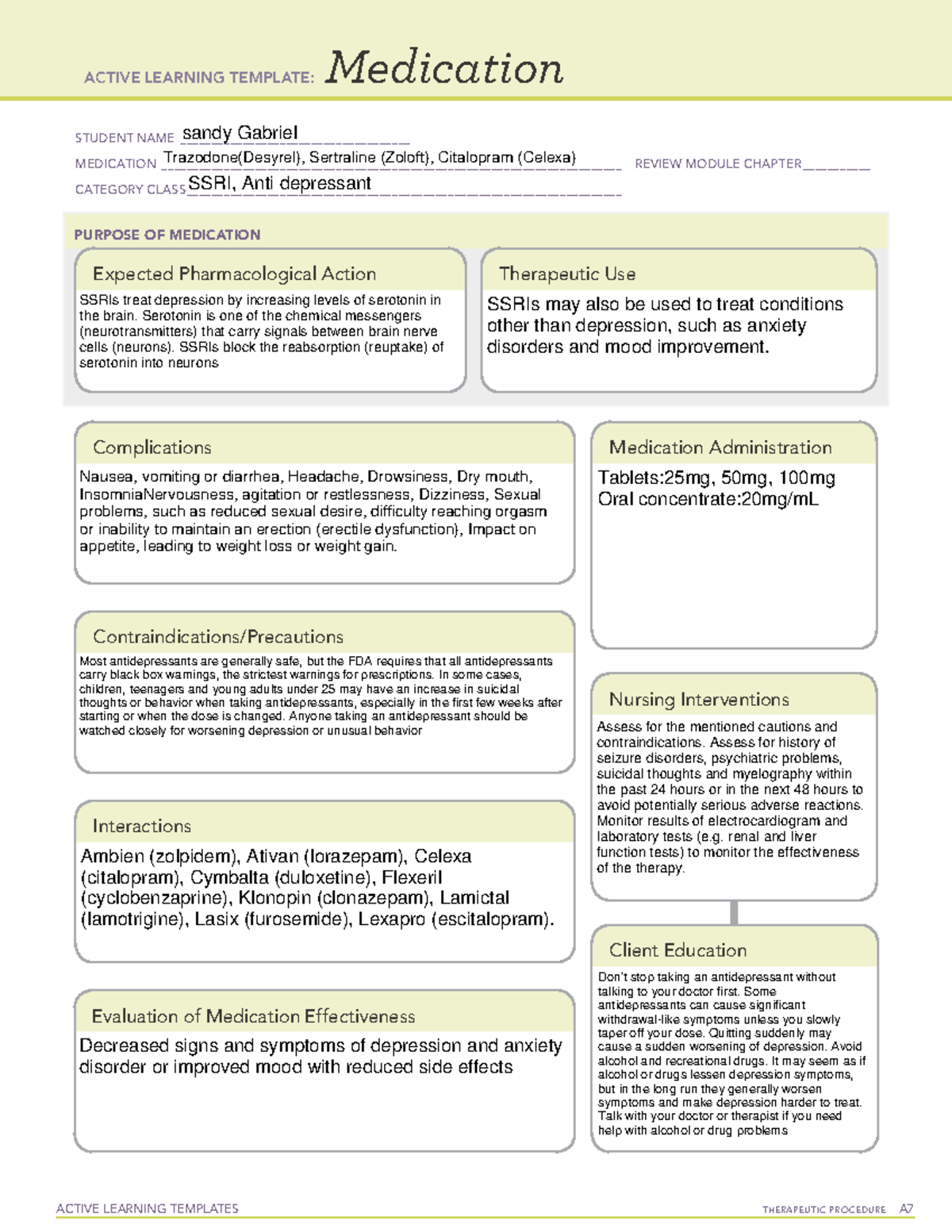 Ssri - concept map - ACTIVE LEARNING TEMPLATES TherapeuTic procedure A ...