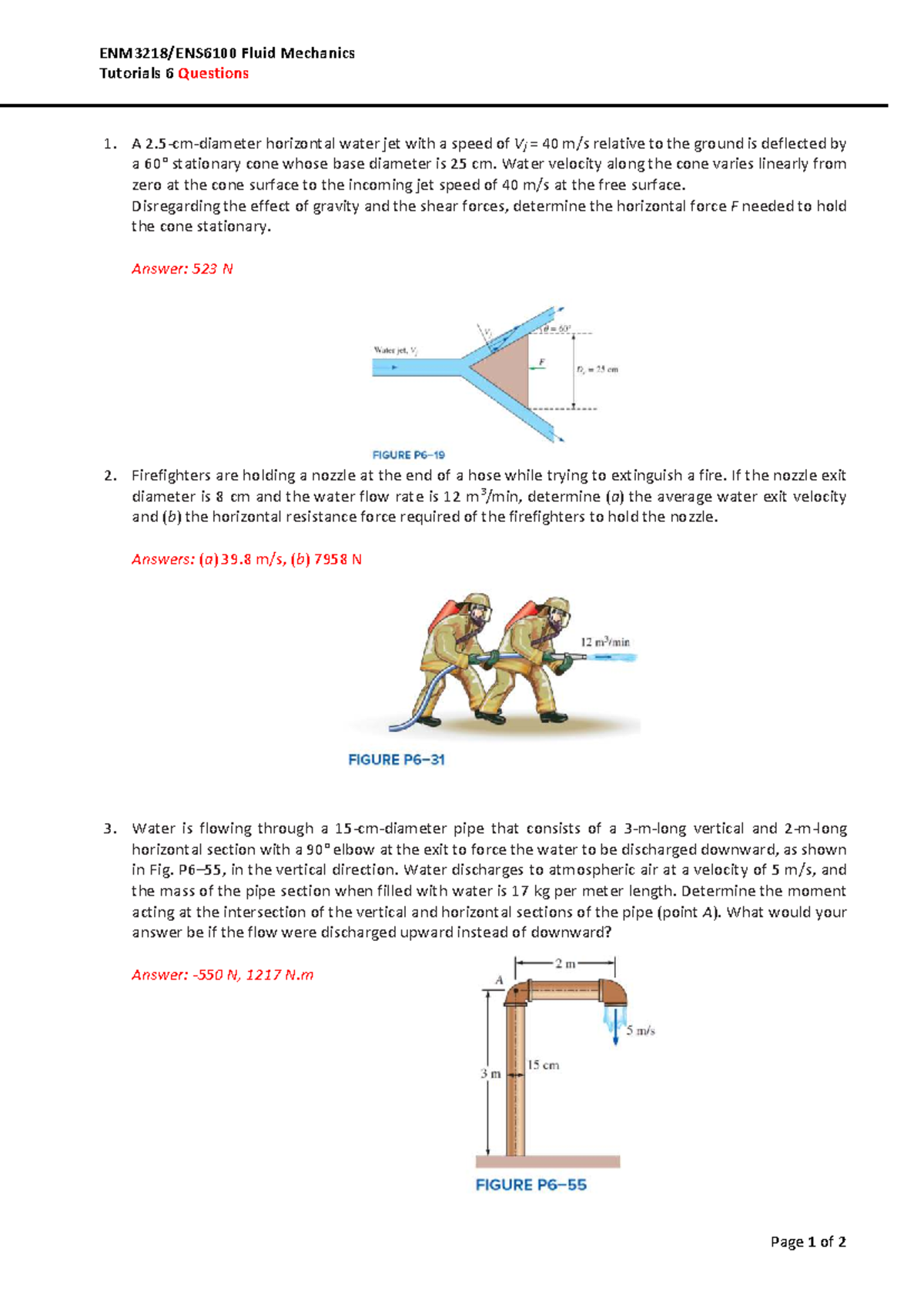 ENM3218/ENS6100 Fluid Mechanics: Tutorials Problem Set & Solutions - Studocu