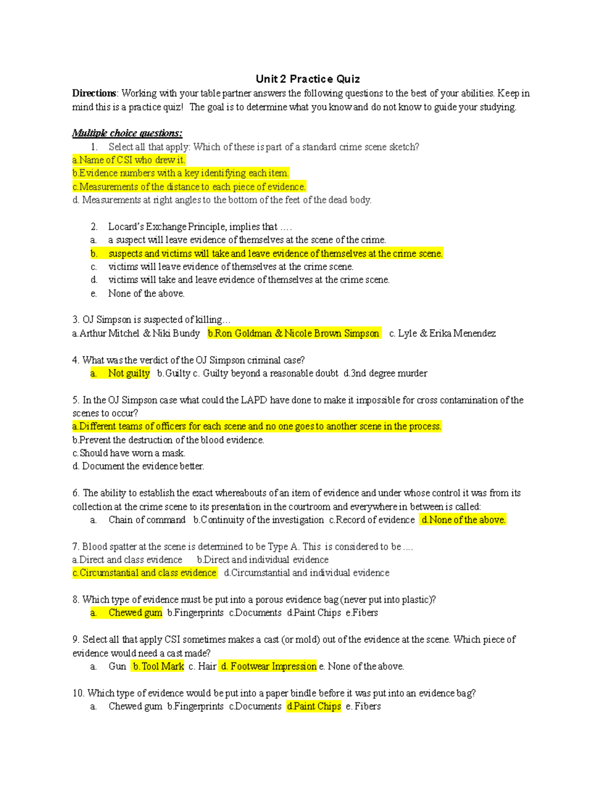 Key Practice Quiz for Unit 2: Crime Scene Investigation Concepts - Studocu