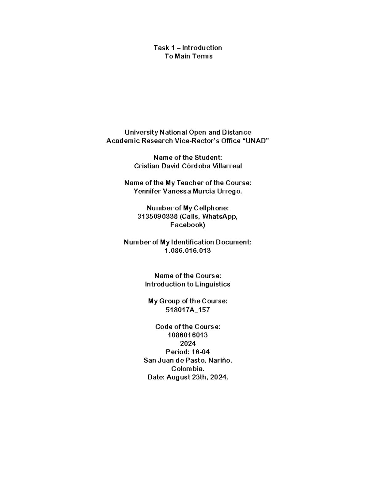 518017 - Task 1 - Introduction to Main Terms in Linguistics - Studocu