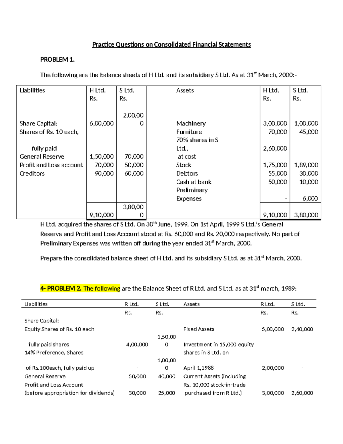 Practice Exercise: Consolidated Balance Sheet Problems (FIN 101) - Studocu