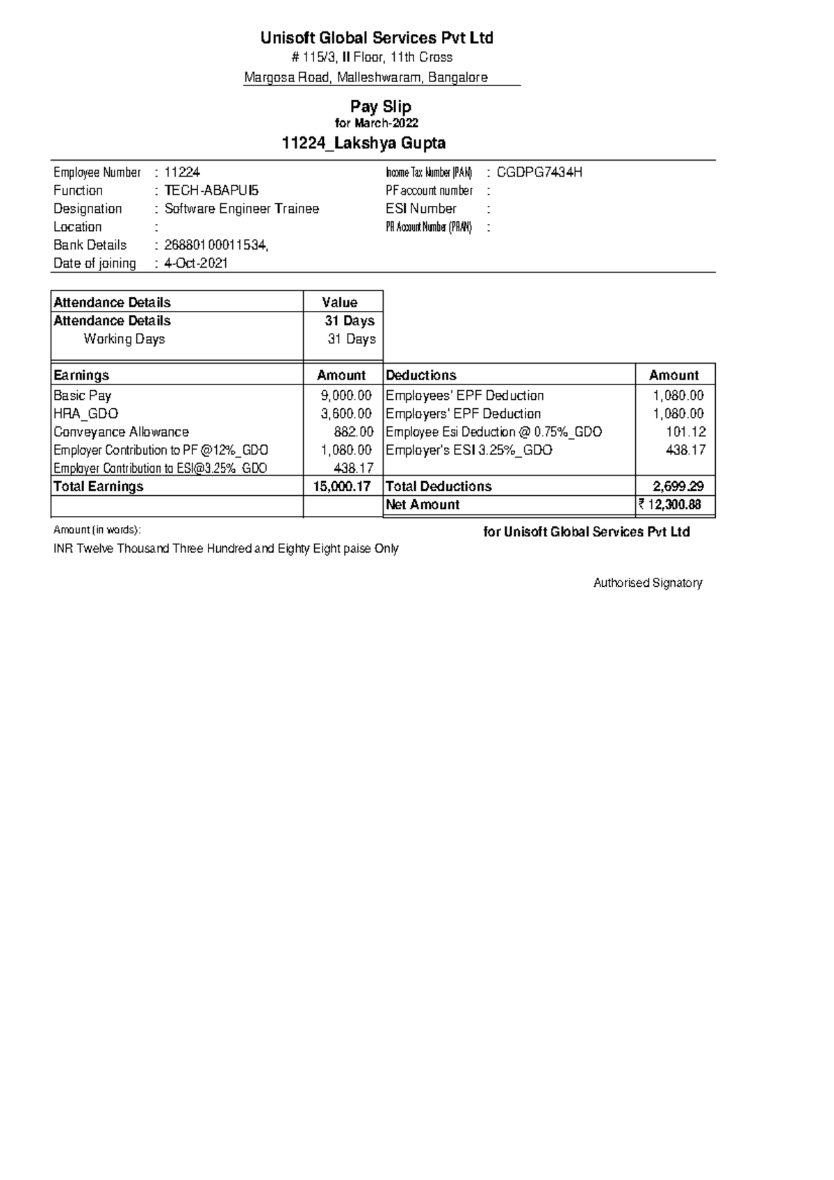Unisoft Global Services Pvt Ltd Employee Pay Slip - March 2023 - Studocu