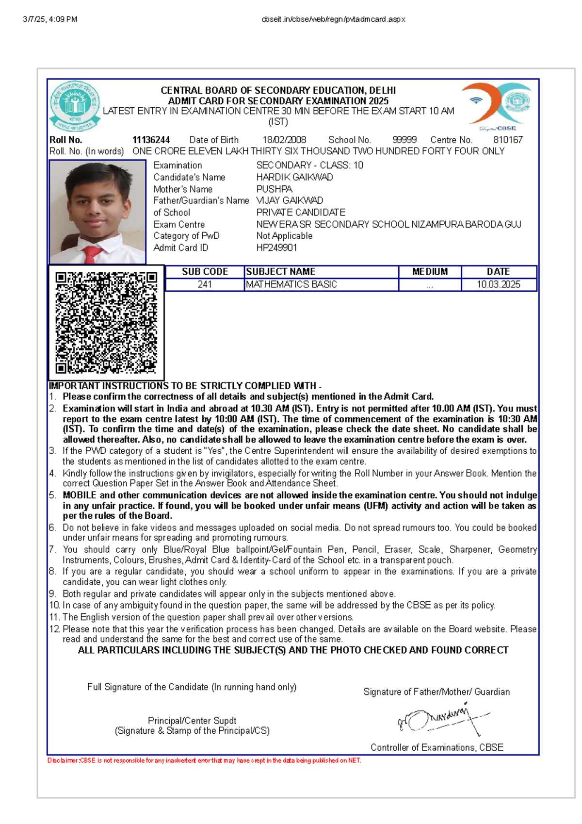 CBSE Class 10 Admit Card for Secondary Exam 2025 - Hardik Gaikwad - Studocu