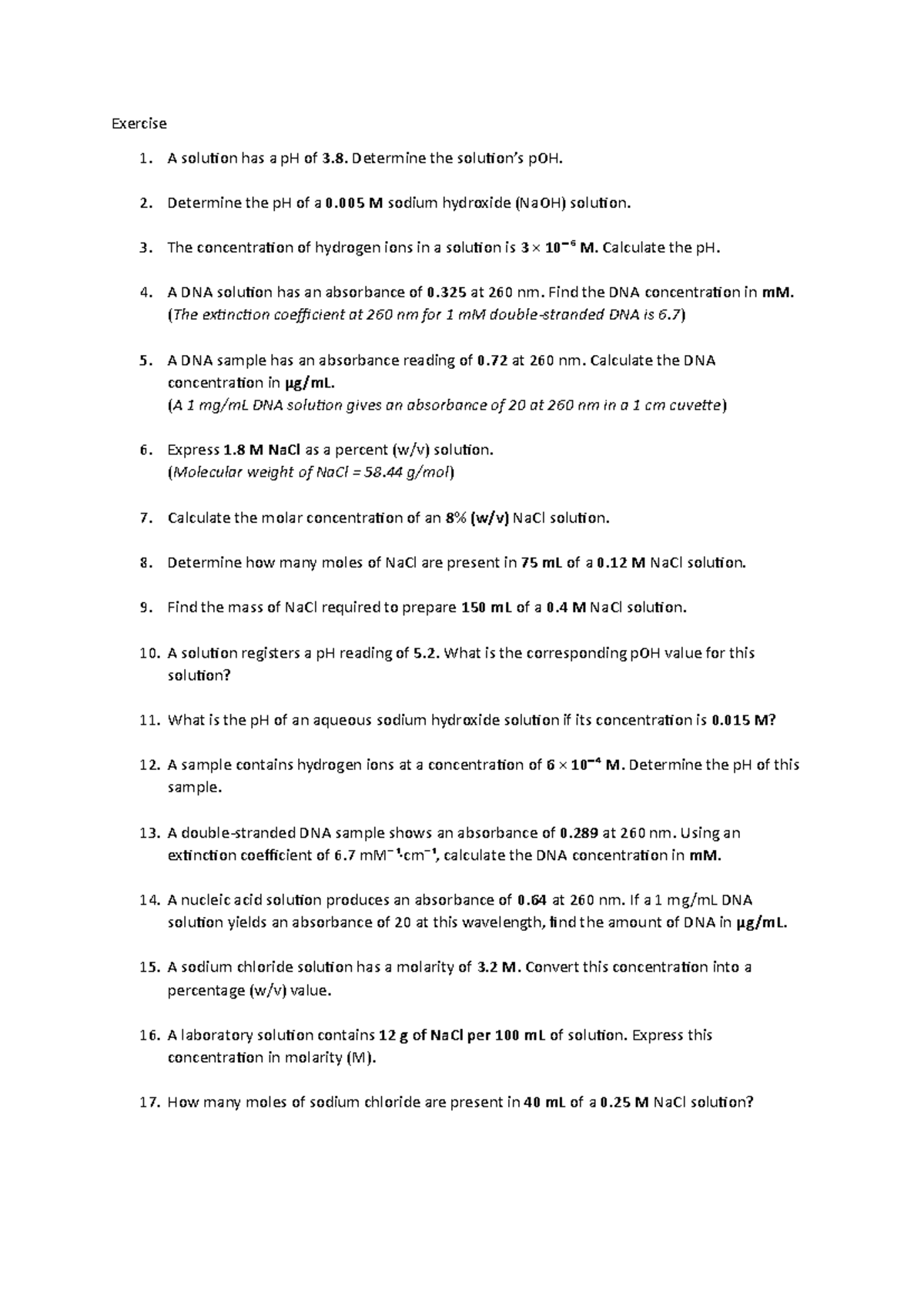BMS481 MIC481 Exercise: pH, NaCl Concentration, and DNA Absorbance ...