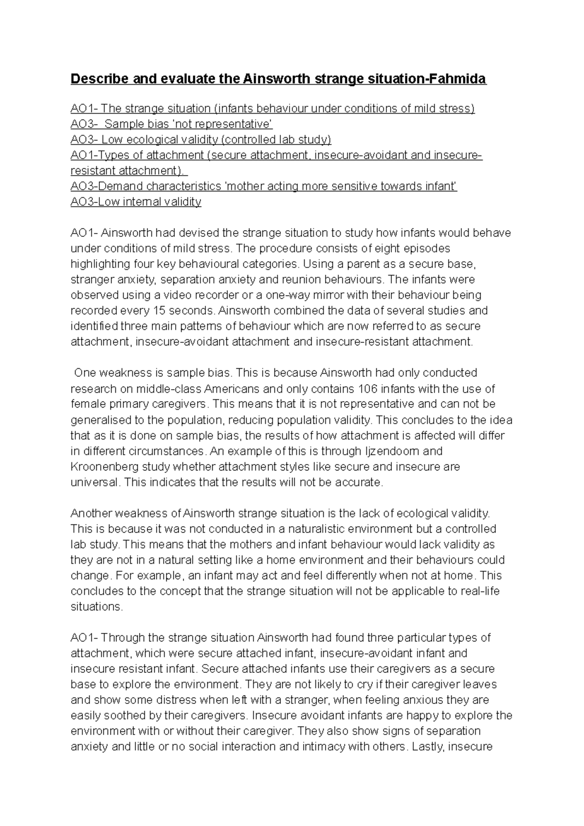 Anisworth Strange Situation Essay - Describe and evaluate the Ainsworth ...