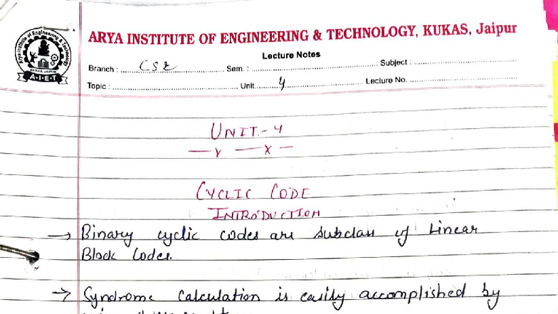 5CS3-ITC Unit 4 Lecture Notes: Cyclic Codes and Error Detection - Studocu