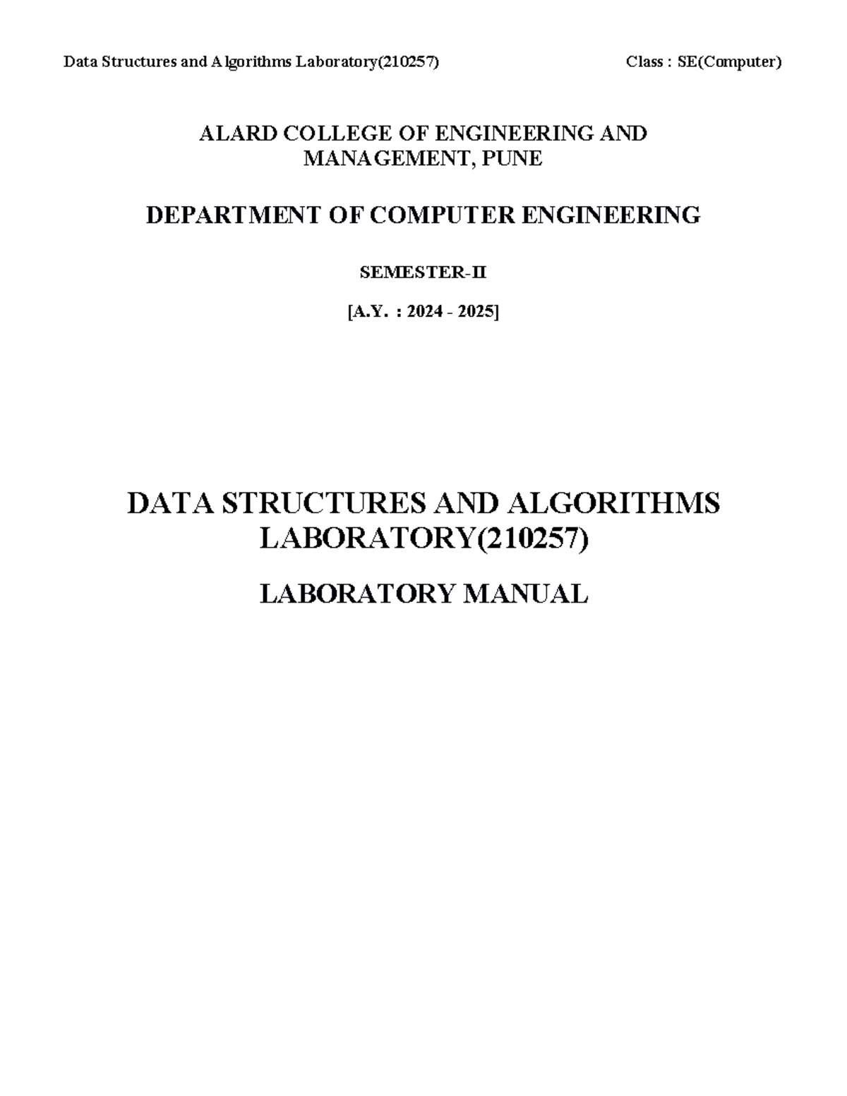 Data Structures and Algorithms Laboratory Manual (210257) - SE(Computer ...