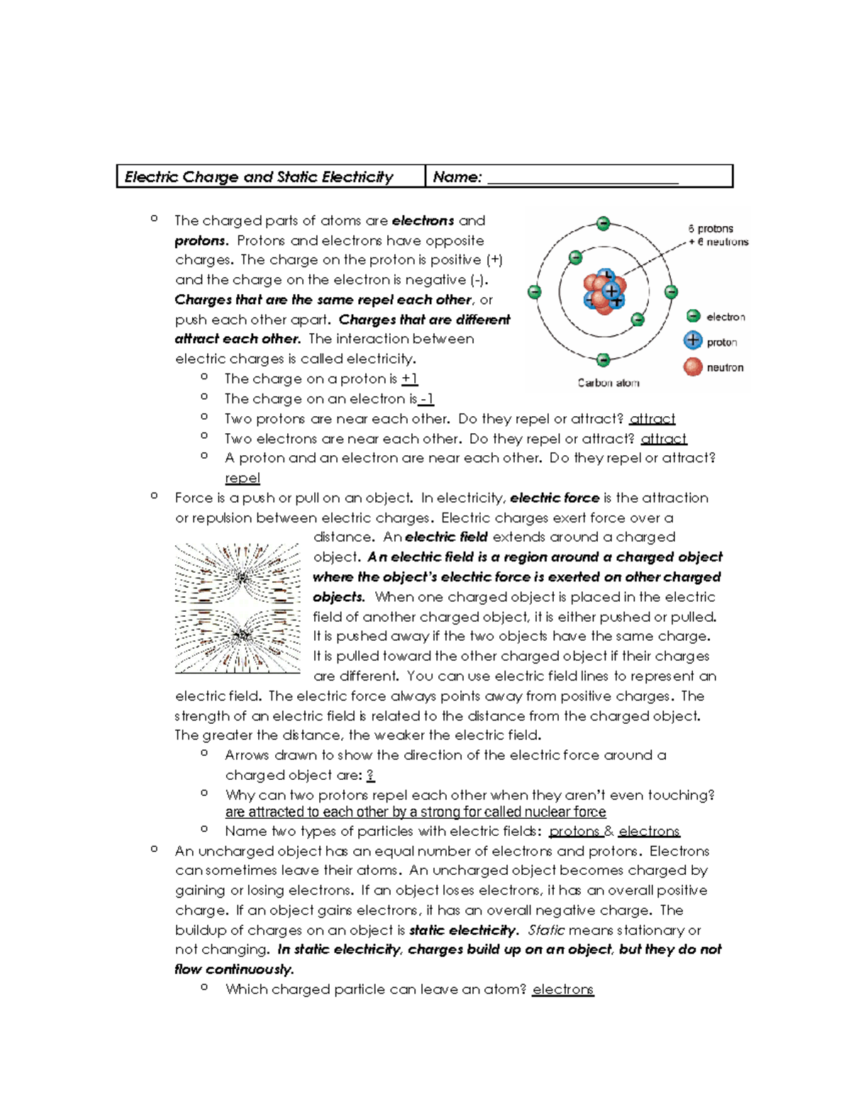 Electric Charge and Static Electricity: Reading Introduction Notes ...