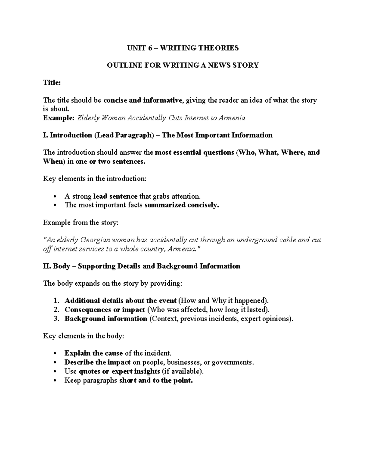 UNIT 6 - Writing Theories: Crafting a News Story Outline - Studocu