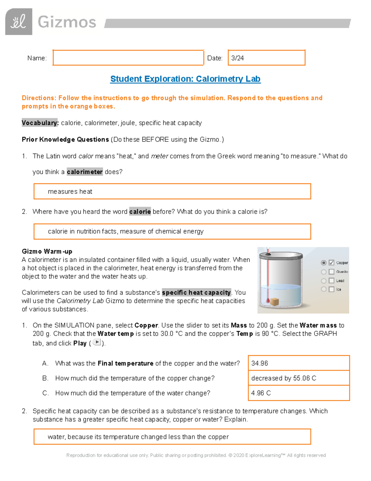 Calorimetry Lab (SCI 101): Student Exploration & Data Analysis - Studocu