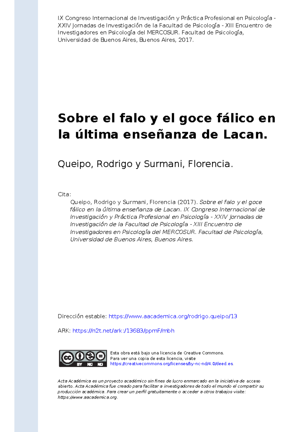 IX Congreso Internacional de Psicología: El Falo y el Goce Fálico en ...