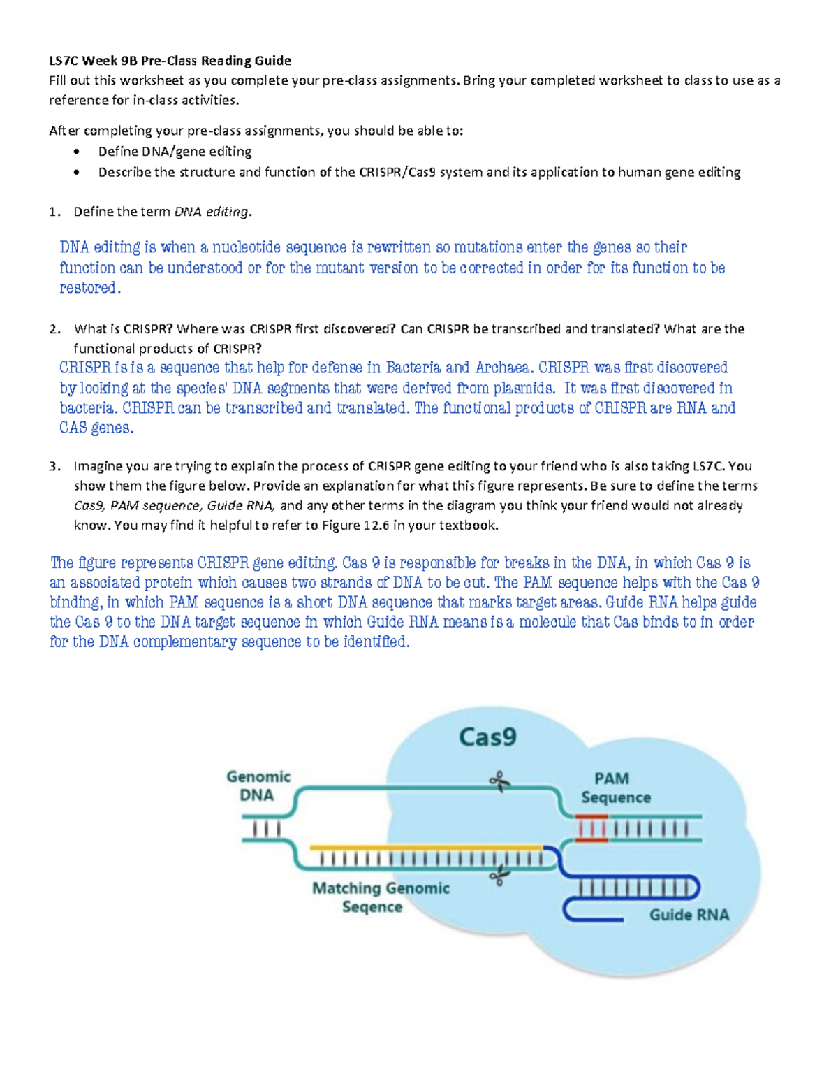LS7C Week 9B Pre-Class Reading Guide: CRISPR and DNA Editing Concepts ...