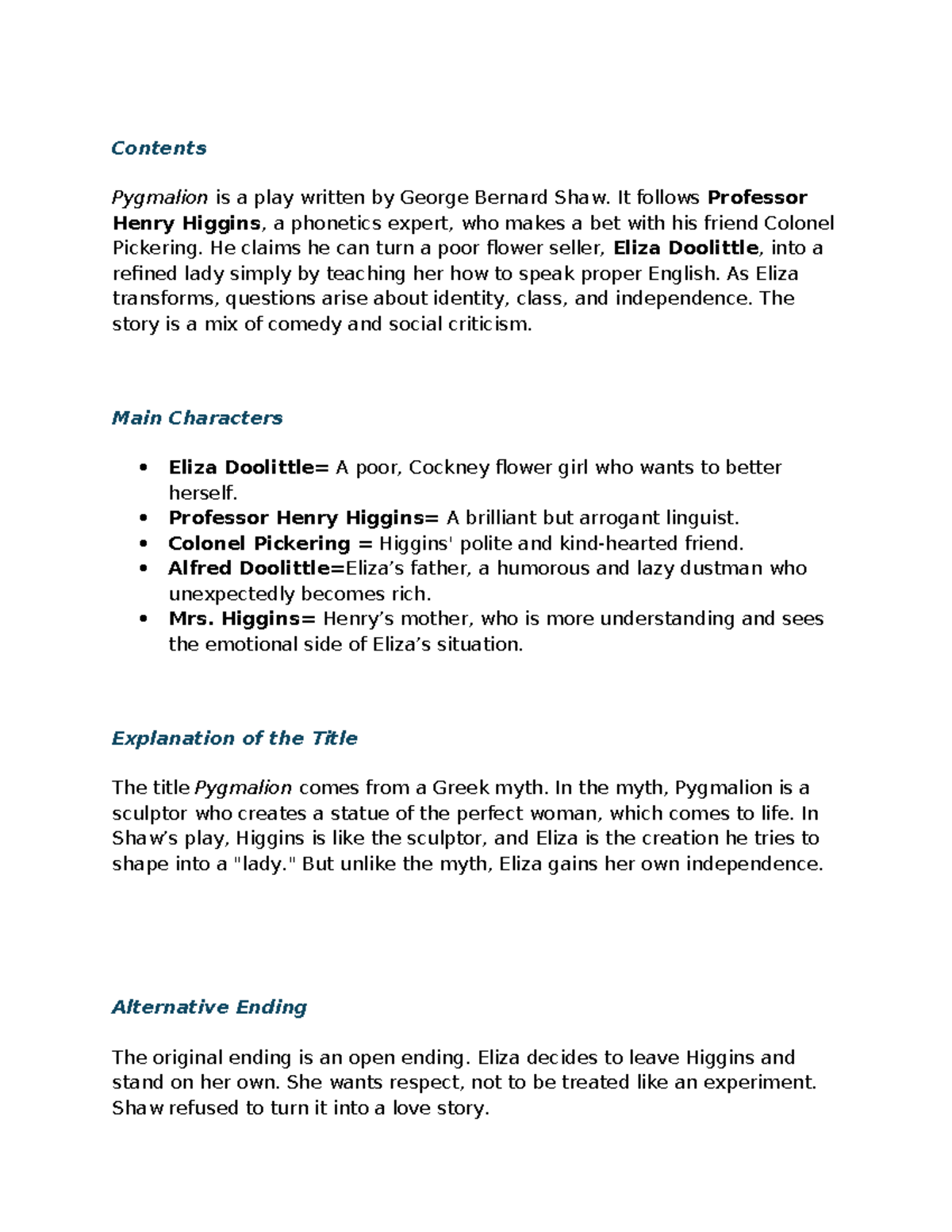 PO3 MIA - Pygmalion: Analysis of Characters and Themes - Studocu