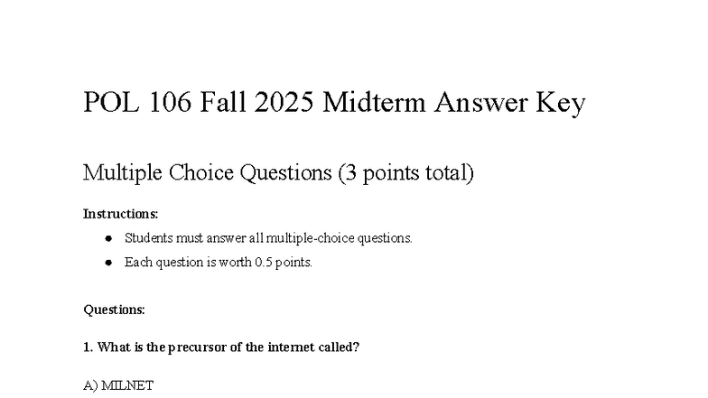 POL 106 Fall 2025 Midterm Exam Answer Key: Multiple Choice & Short ...