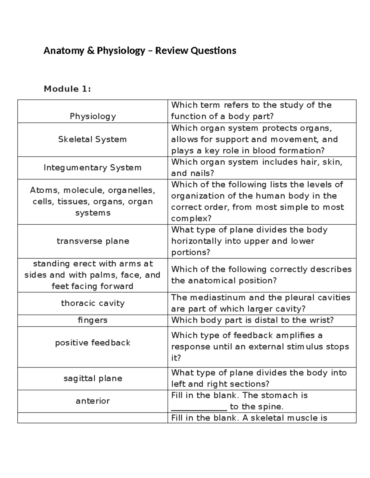 Anatomy Physiology Review Quiz: Modules 1-7 Practice Questions - Studocu