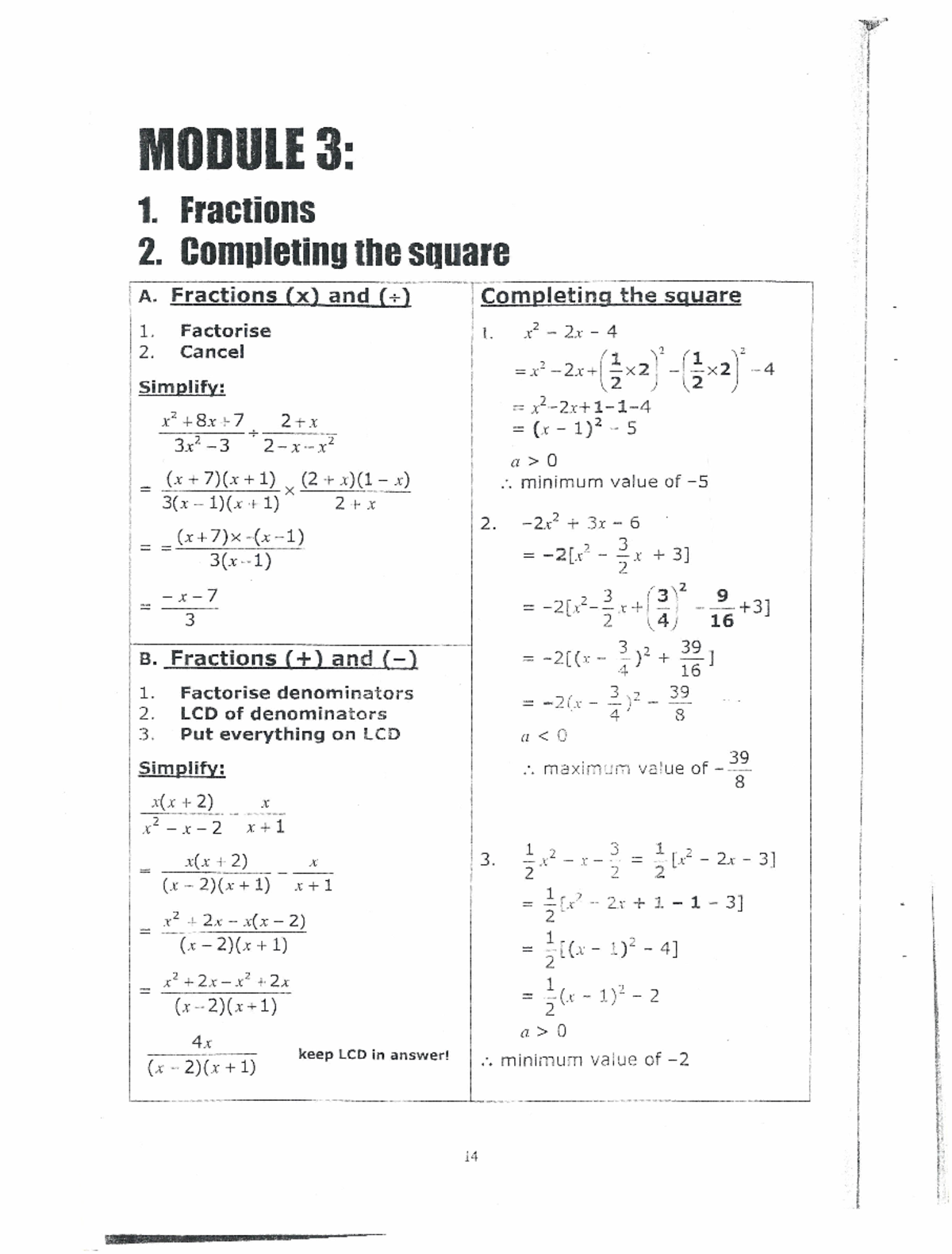 Module 3: Fractions and Completing the Square Notes - Studocu