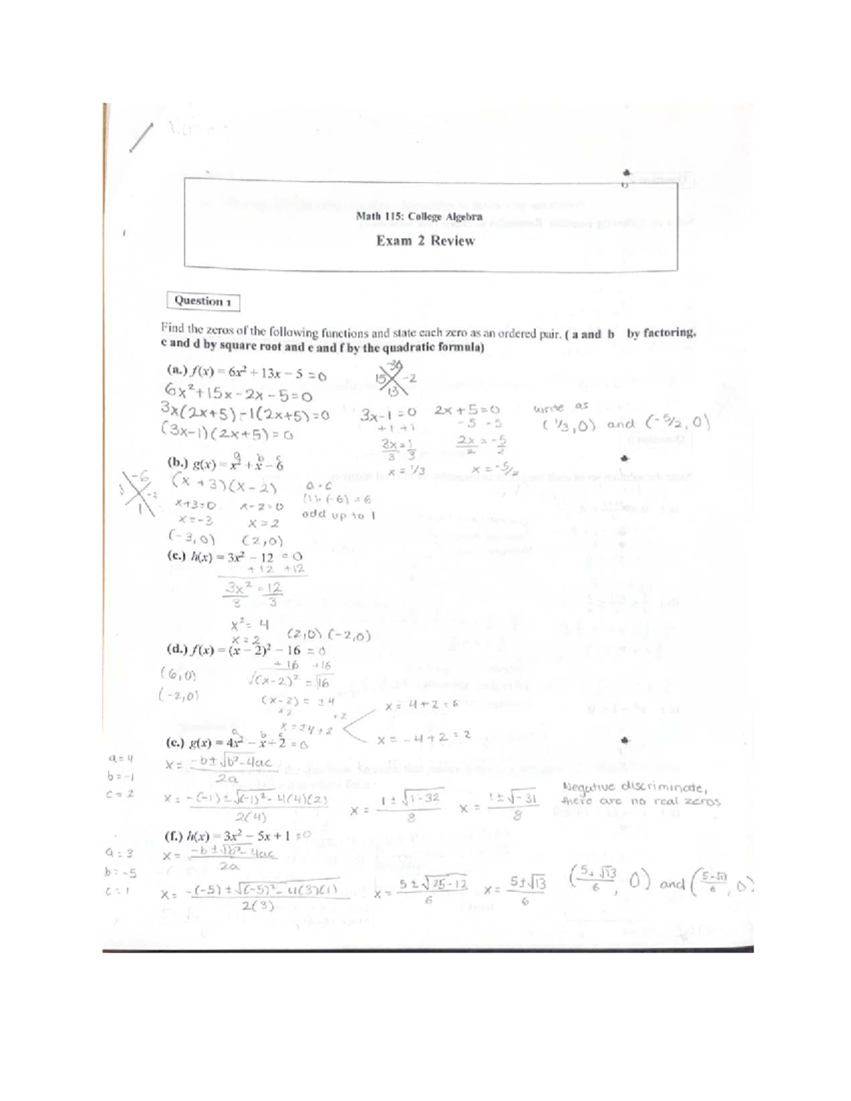 Math 115: College Algebra Exam 2 Review Answers and Solutions - Studocu