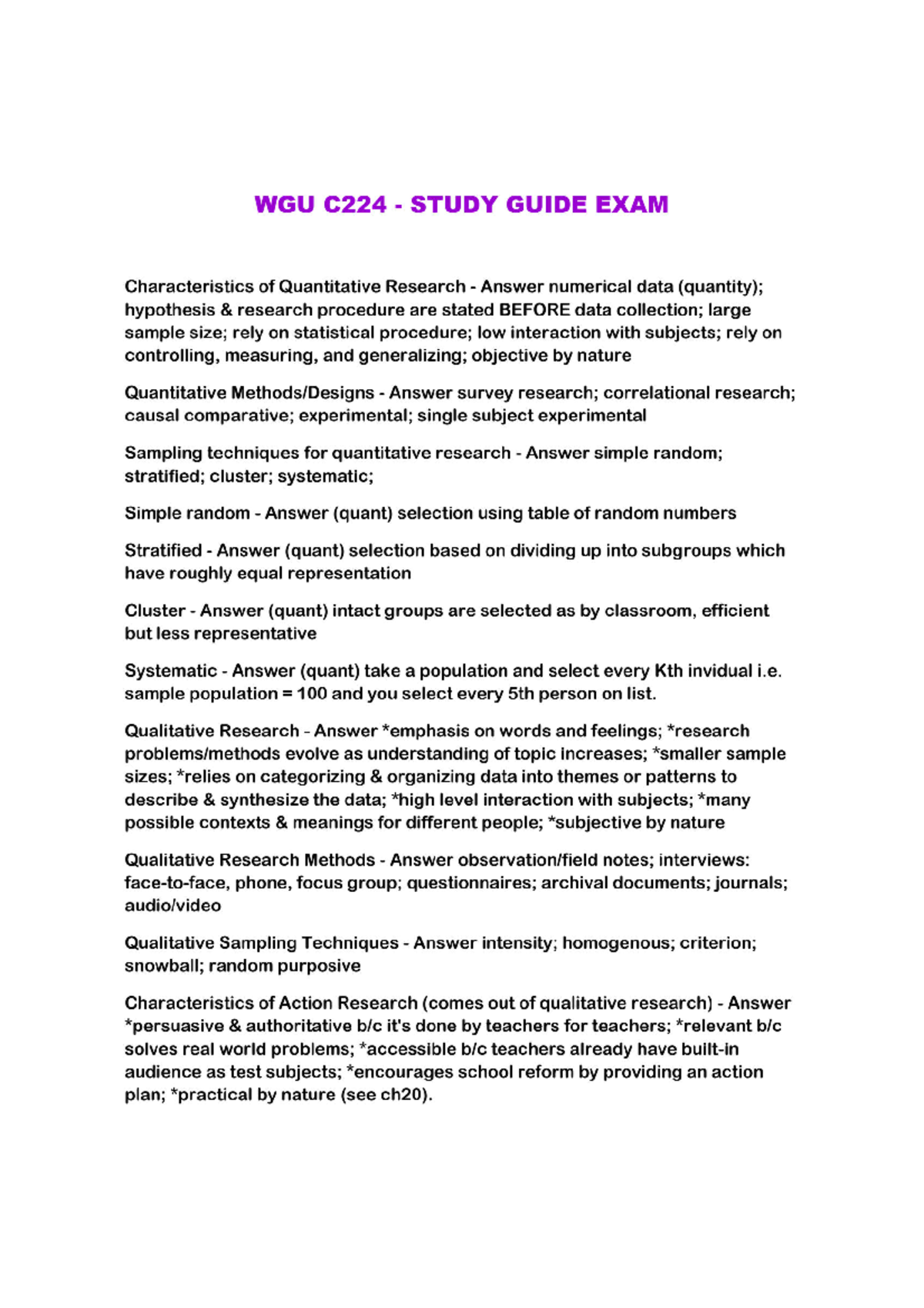 Study Guide - WGU C224 STUDY GUIDE EXAM Characteristics of Quantitative ...