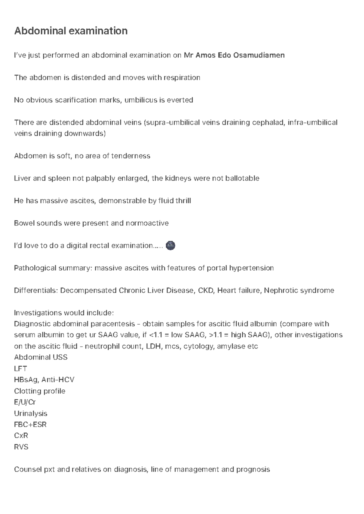 Abdominal Examination Findings and Differential Diagnosis for Mr. Amos ...
