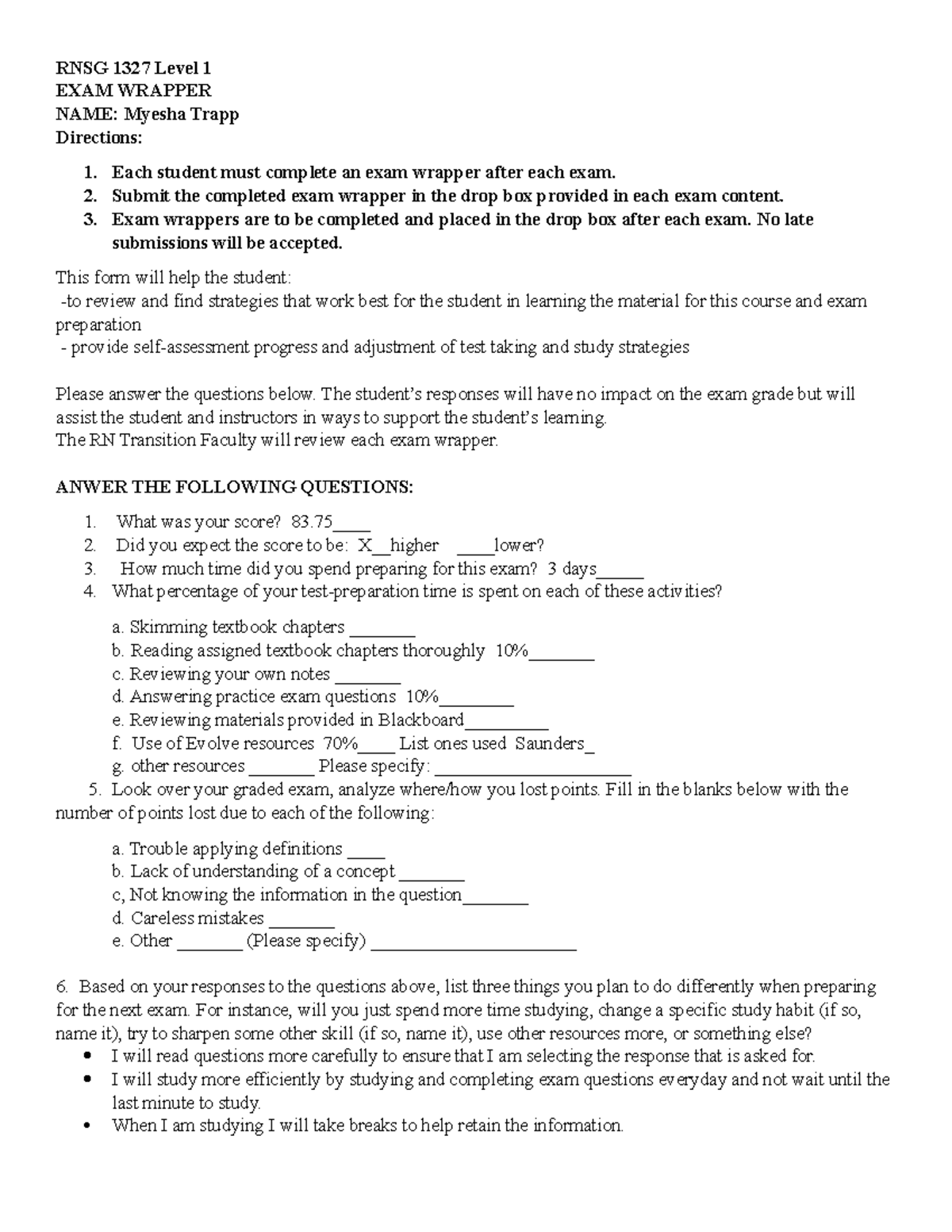 RNSG 1327 June Exam Wrapper Insights and Preparation Strategies - Studocu