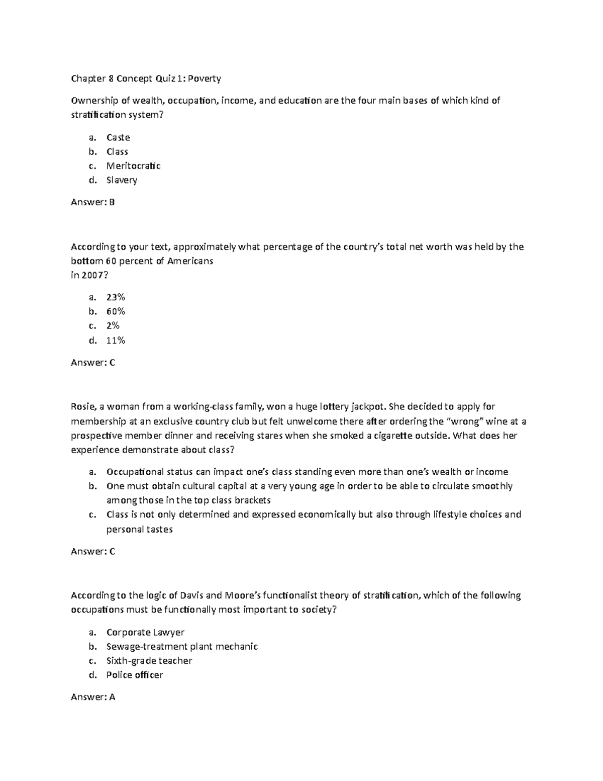 Chapter 8 Concept Quiz 1: Understanding Poverty and Stratification ...