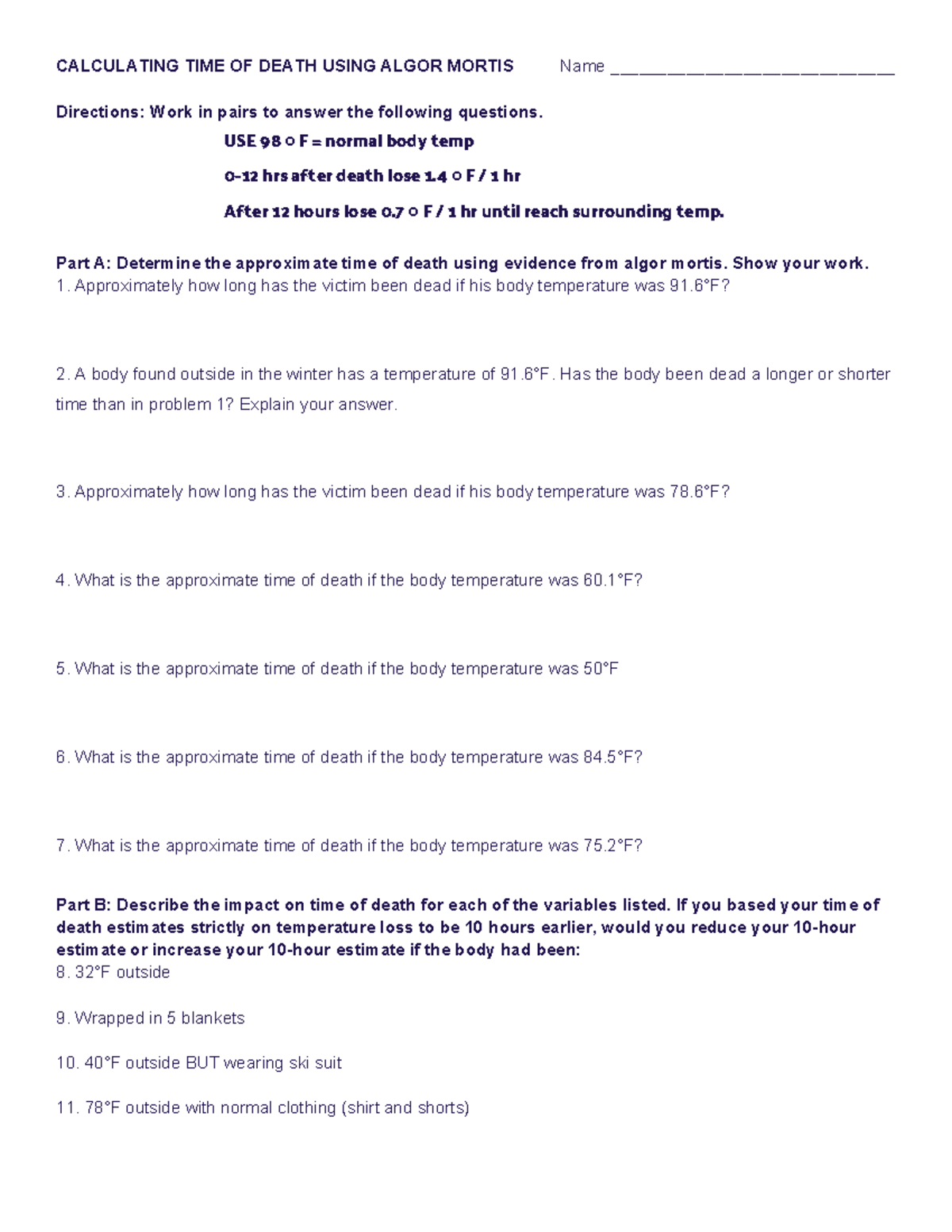 Calculating Time of Death: Algor Mortis Activity (Forensic Science ...