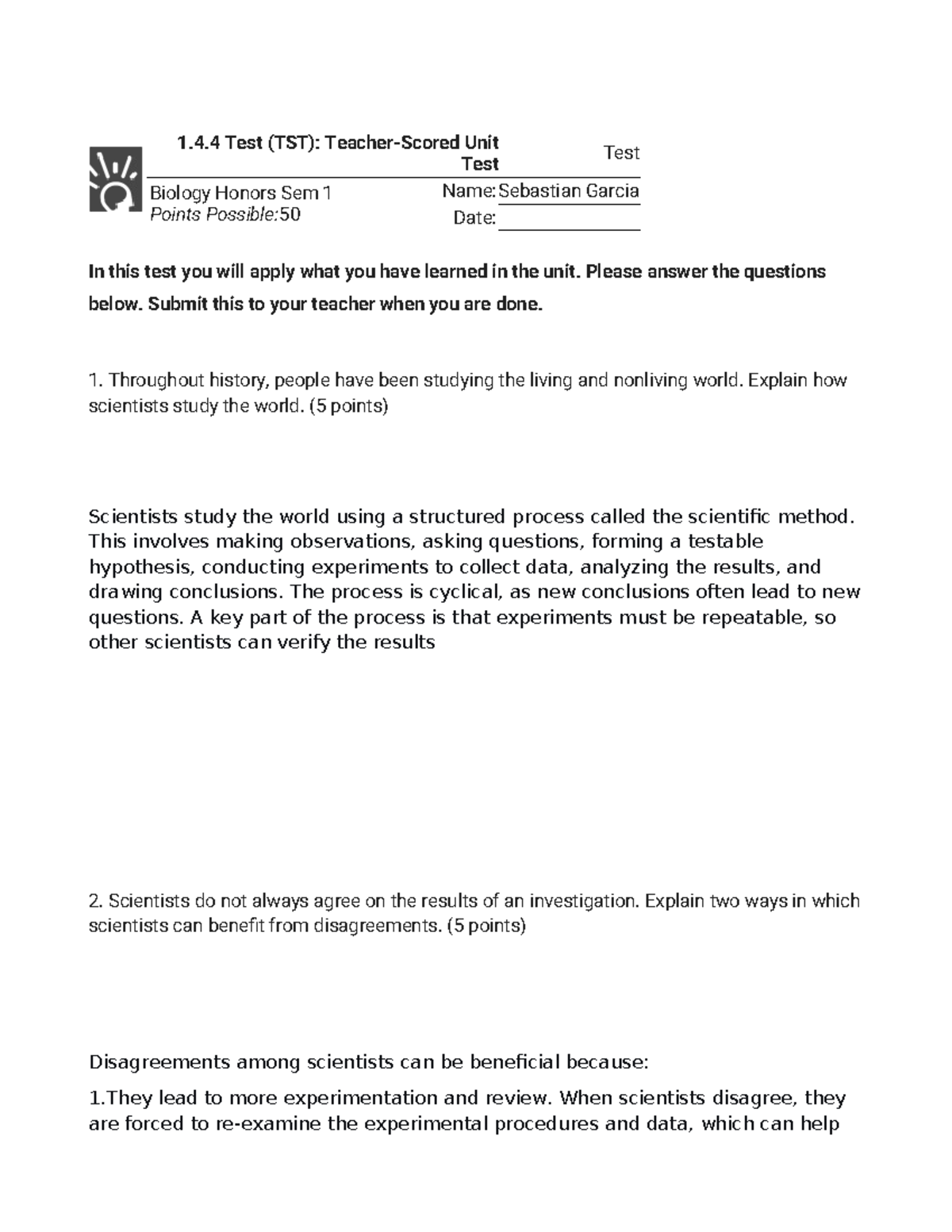 1.4.4 TST: Biology Honors Unit Test on Scientific Method and Technology ...