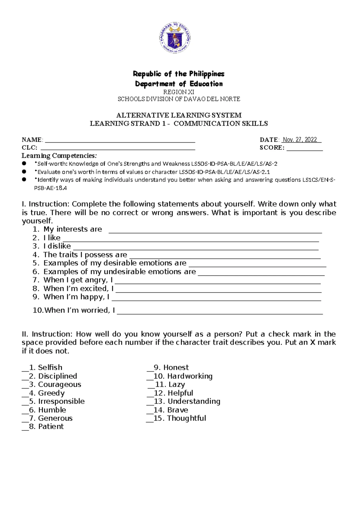 LS1 - Week 3 JHS - Learning Activity Sheets for English - ALS - Studocu