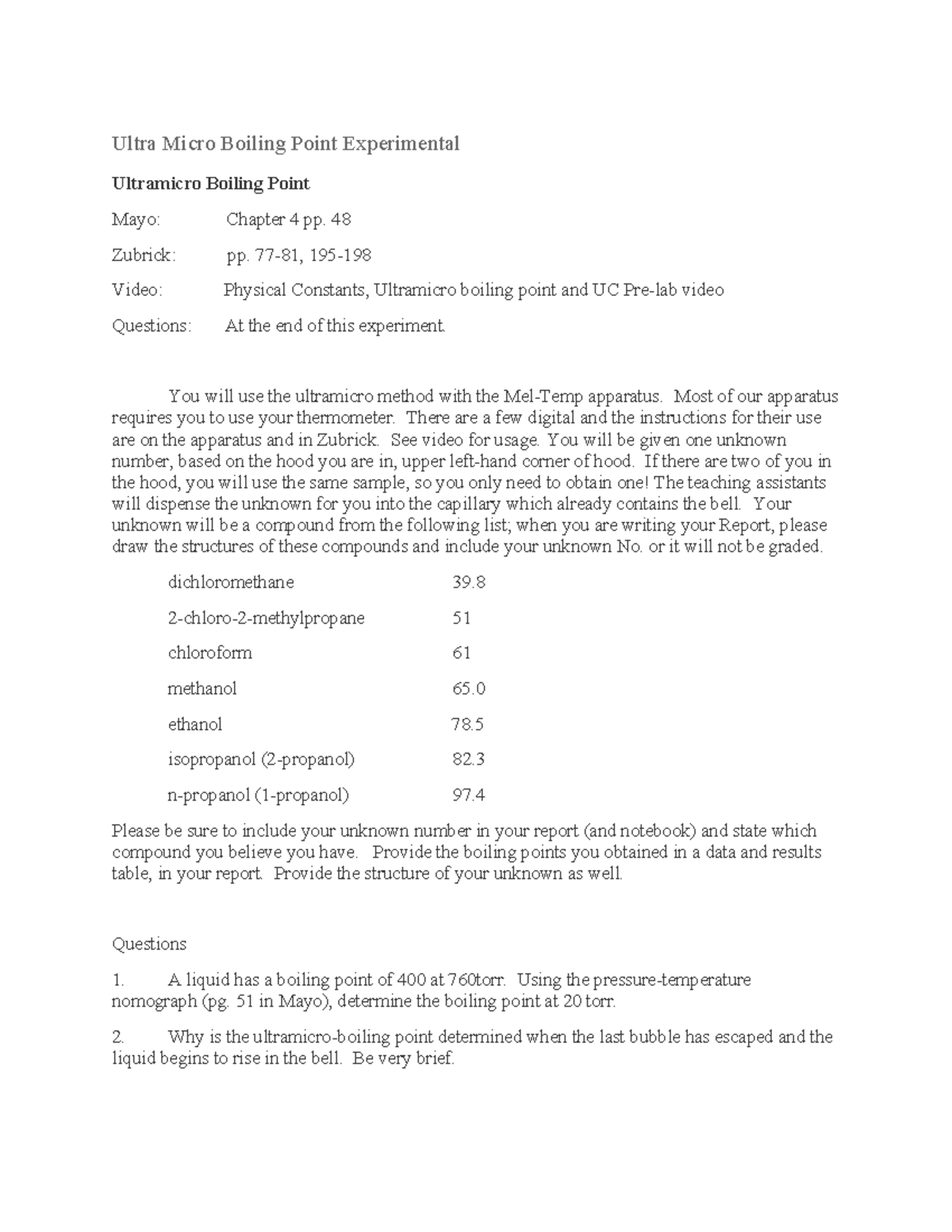 Micro Boiling Point Experiment: Mayo Ch. 4 & Zubrick pp. 48-51 - Studocu