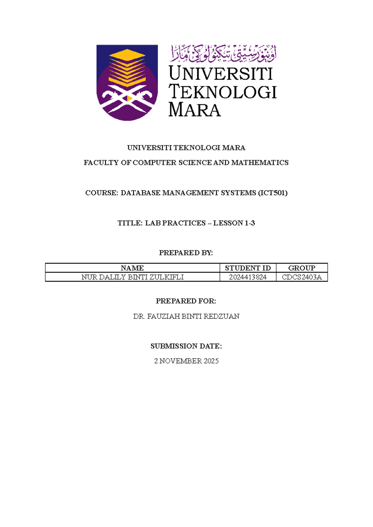 ICT501 Database Management Systems Lab Practices by Nur Dalily - Studocu