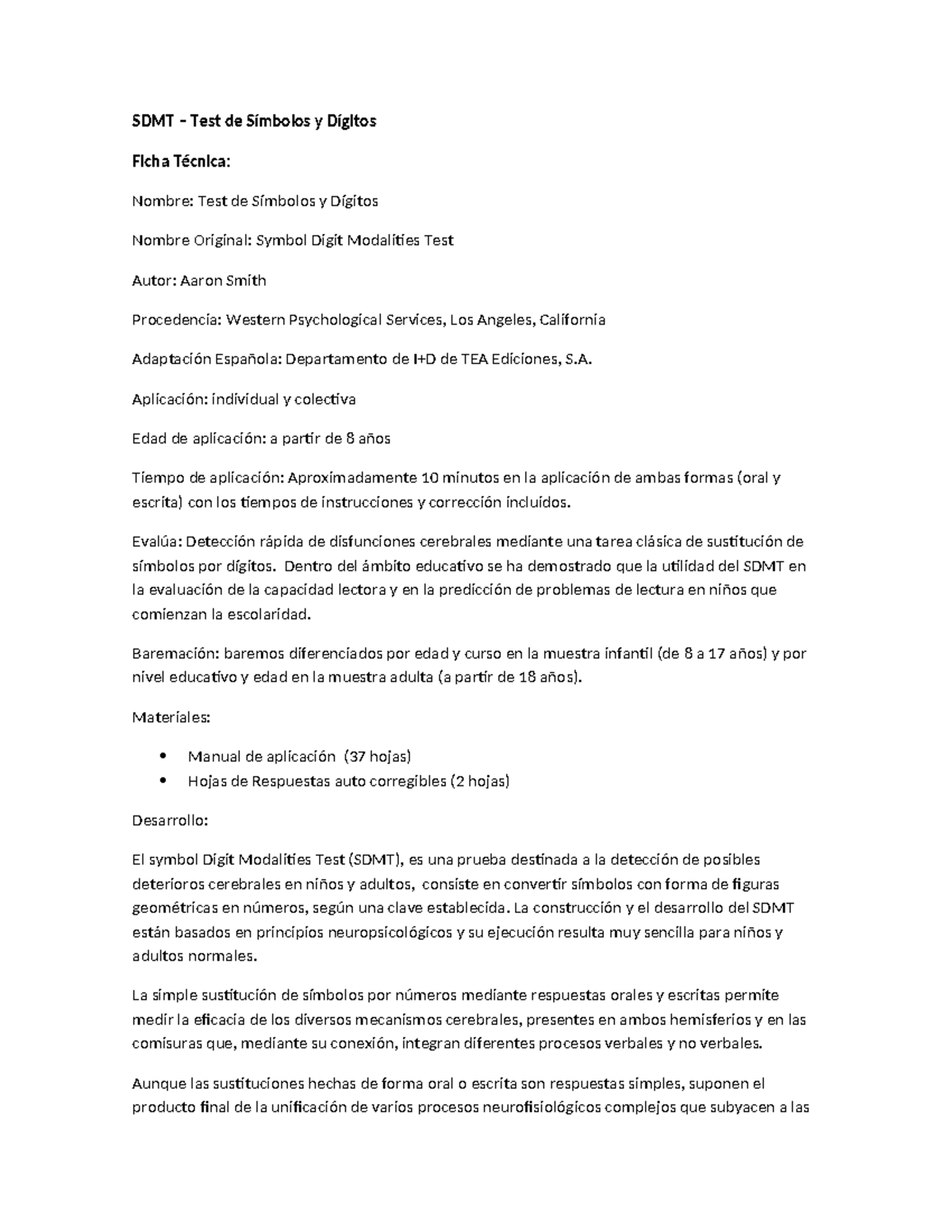 SDMT - Test de Símbolos y Dígitos: Evaluación Neuropsicológica - Studocu