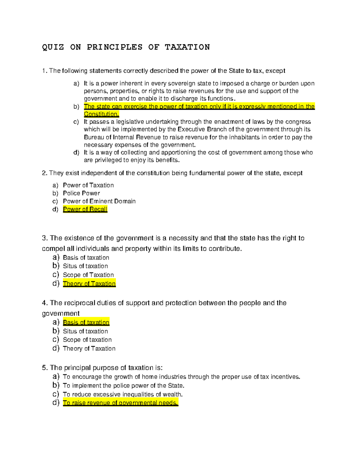 QUIZ ON Principles OF Taxation - QUIZ ON PRINCIPLES OF TAXATION The ...