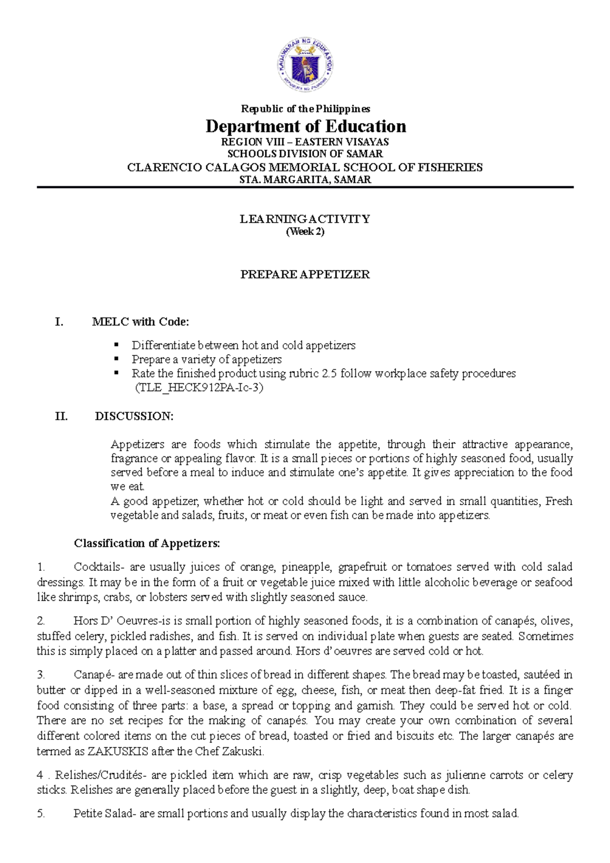 Cookery 1 (TLE_HECK912PA-Ic-3): Week 2 Appetizer Preparation Guide ...