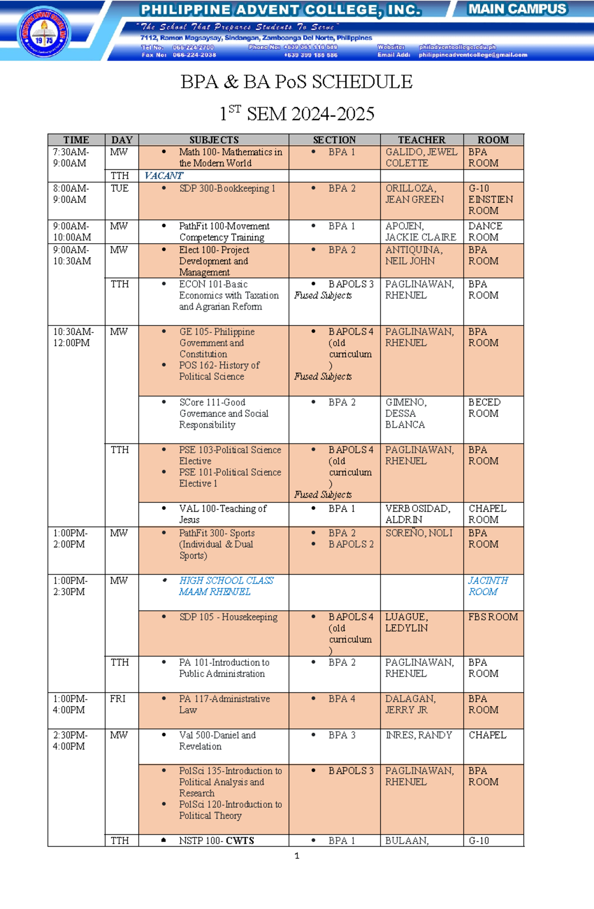 BPA & Bapos Schedules - BPA & BA PoS SCHEDULE 1 ST SEM 2024- TIME DAY SUBJECTS SECTION TEACHER ...