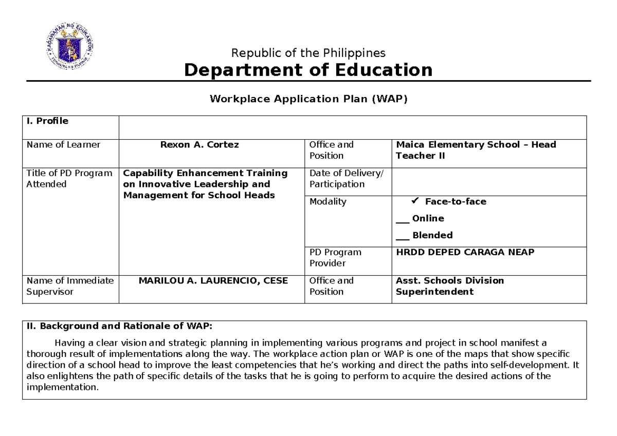 Application Plan - Profile Name of Learner Rexon A. Cortez Office and ...
