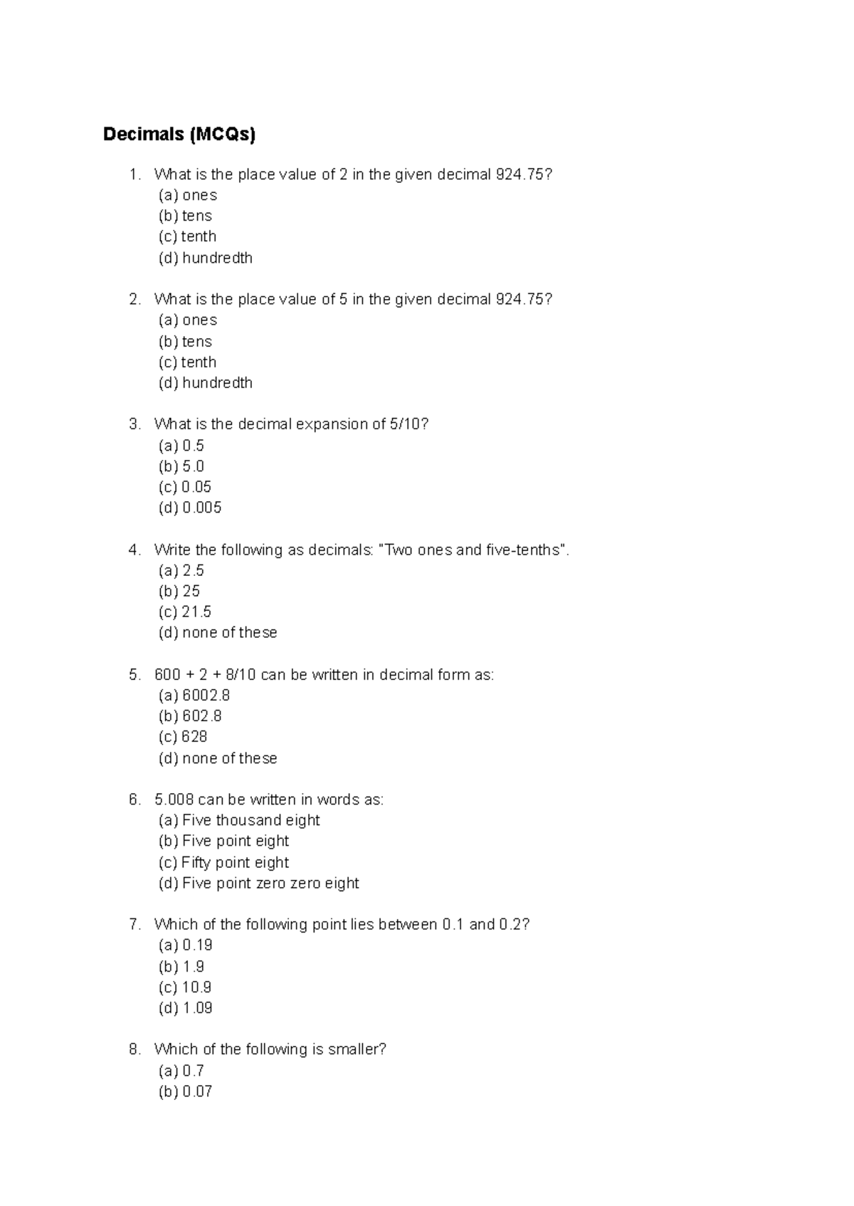Decimals Extra Questions (Class VI) - MCQs and Answers - Studocu